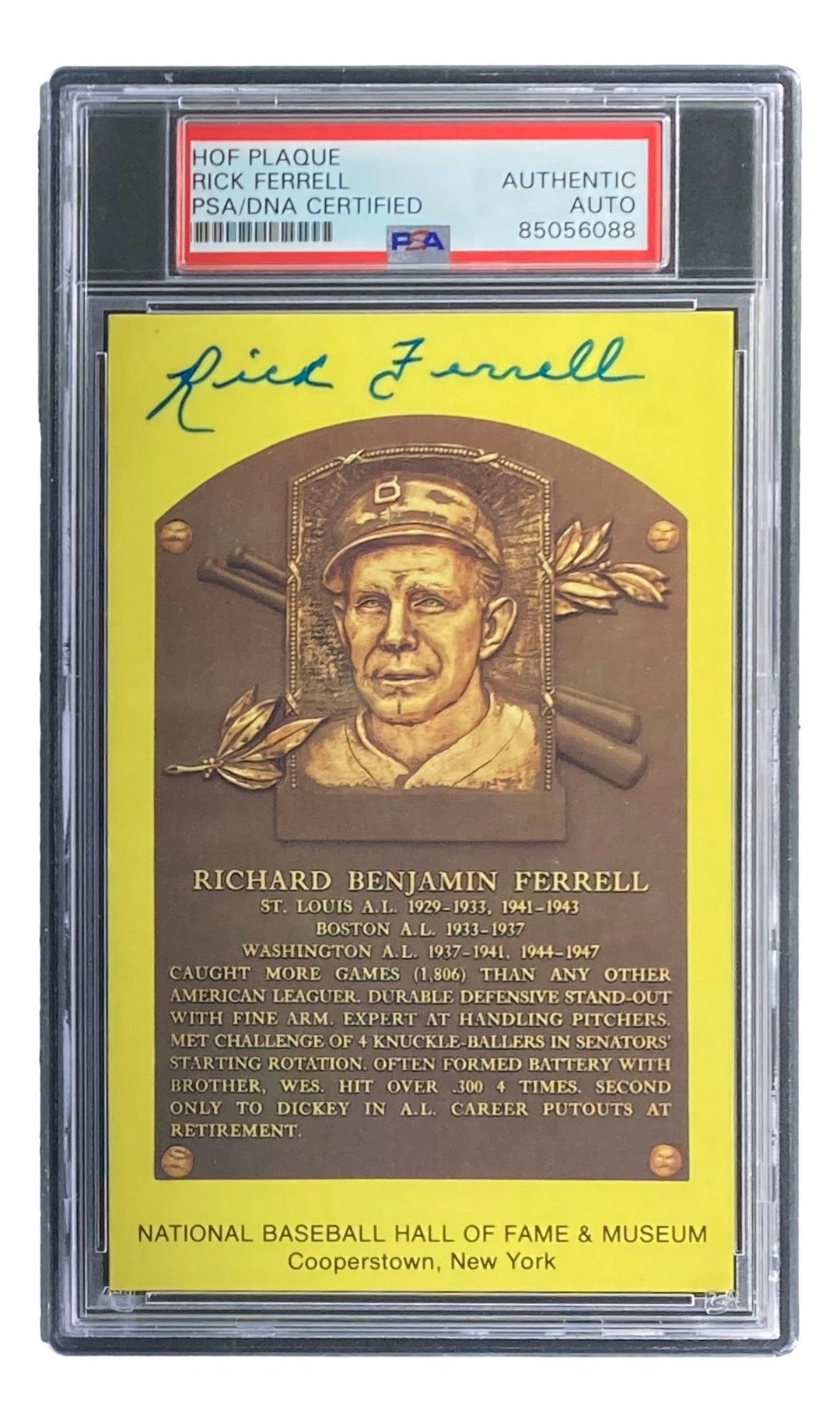Rick Ferrell Signed 4x6 Boston Red Sox HOF Plaque Card PSA/DNA 85026088 ...