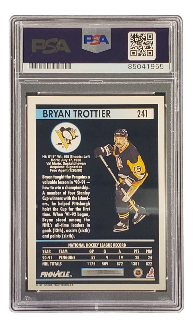 Bryan Trottier Signed 1991 Pinnacle 241 Pittsburgh Penguins Hockey Card ...