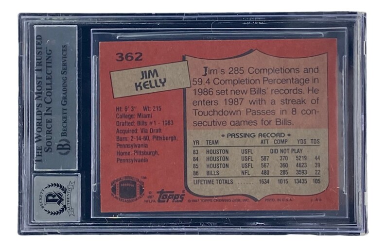 Jim Kelly Signed 1987 Topps 362 Buffalo Bills Rookie Football Card BAS ...