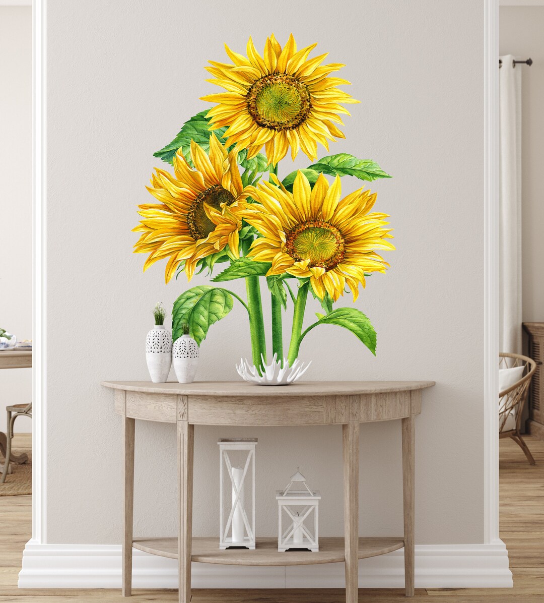 Sunflower Decal Watercolor Wall Decal Large Vinyl Décor Sticker Floral ...