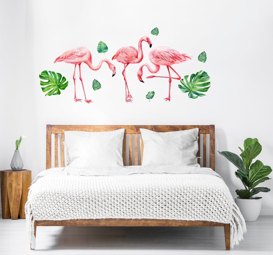 Flamingo Wall Decal Tropical Leaves Greenery Sticker Décor Removable ...