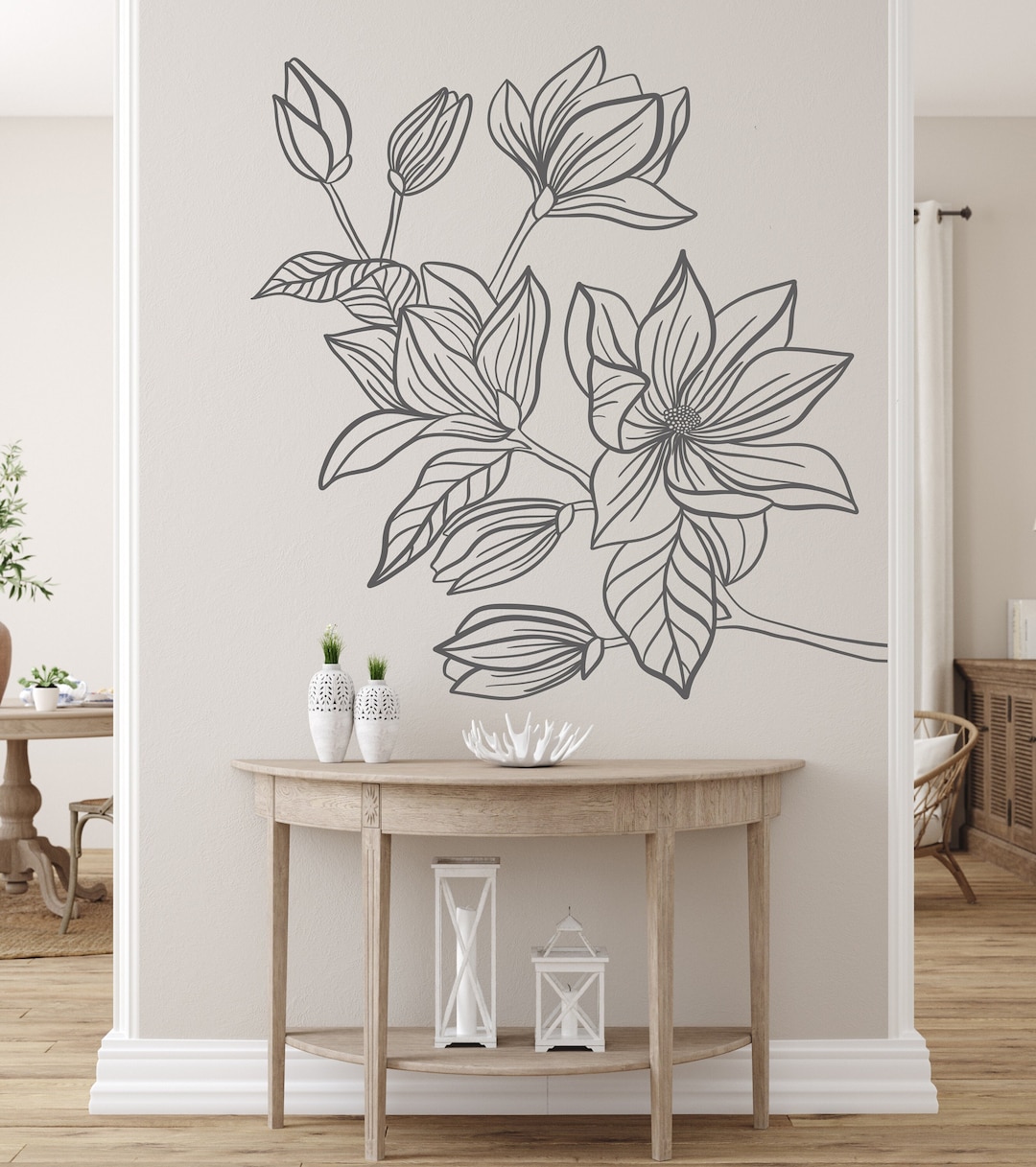 Magnolia Flowers Wall Decal, Flower Tree Wall Decal, Floral Wall Décor ...