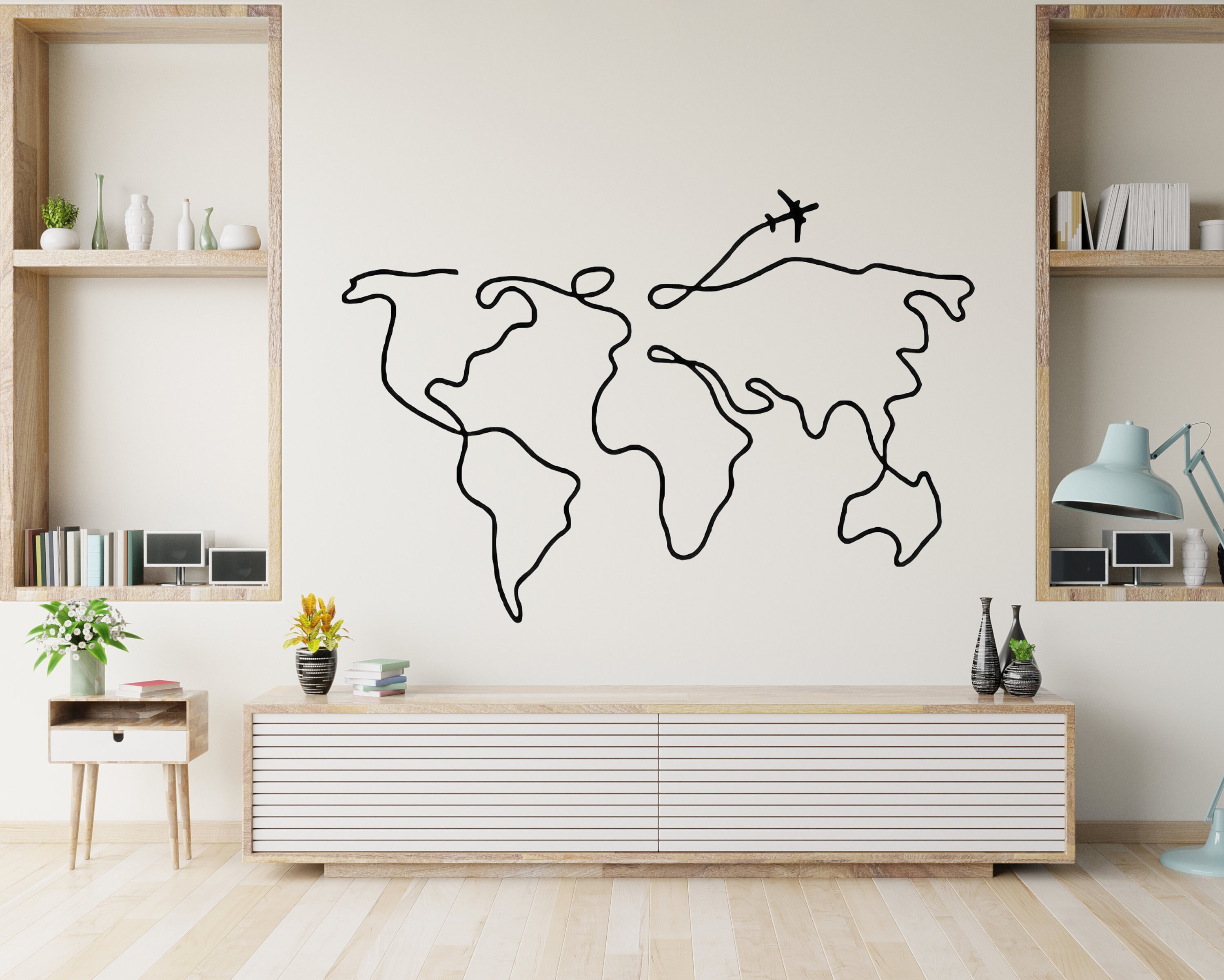 World Map Large Wall Decal Abstract Line Art Travel Wanderlust ...