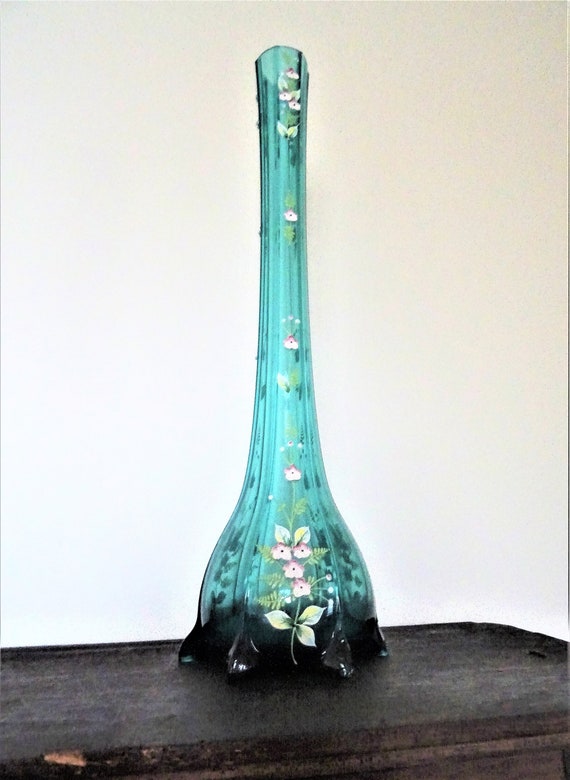 Grand vase soliflore en verre bleuté décoré de fleurs roses - Etsy France