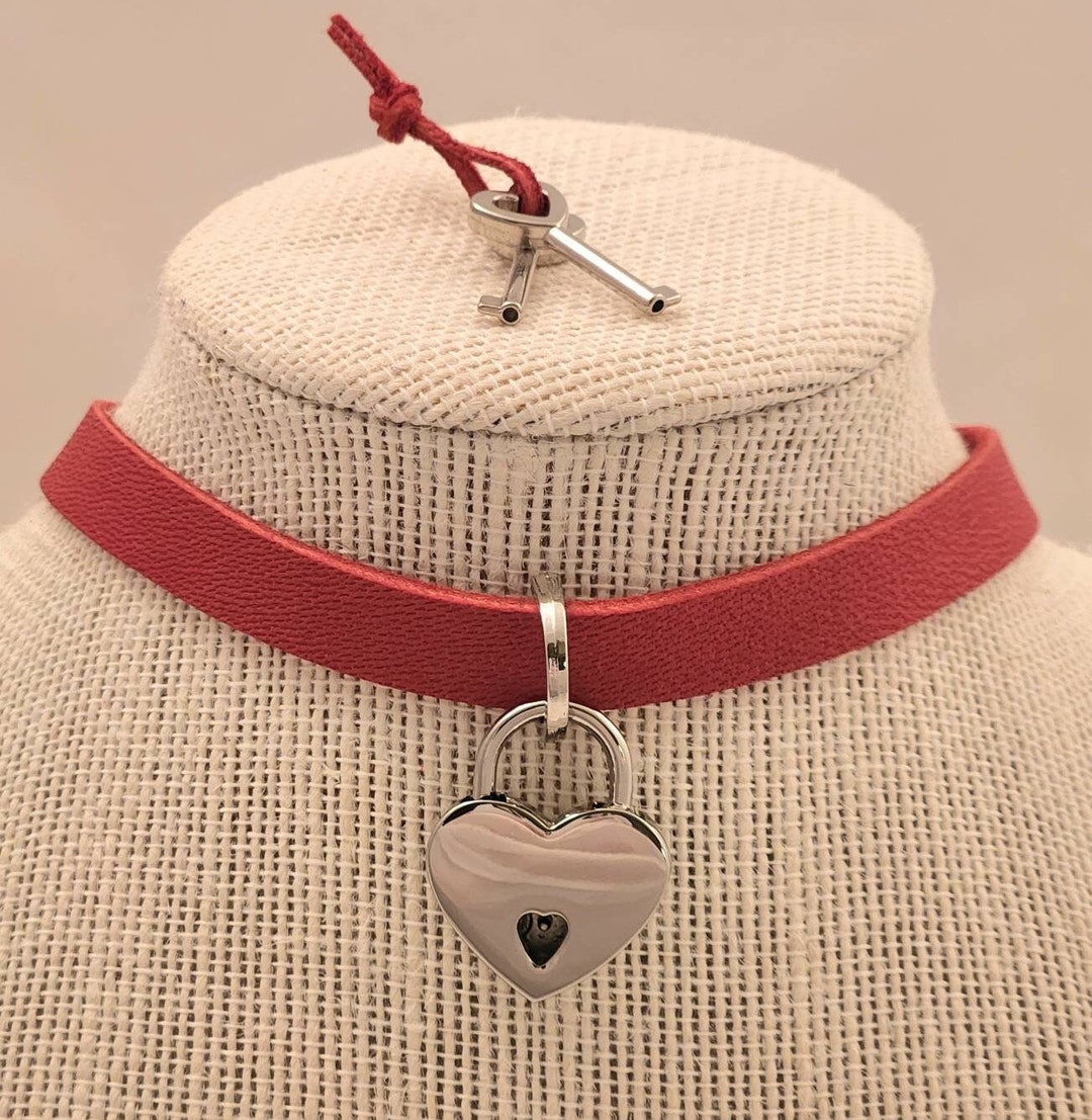 Red Leather Choker Collar Chunky Heart Charm Locket Lock With Keys ...