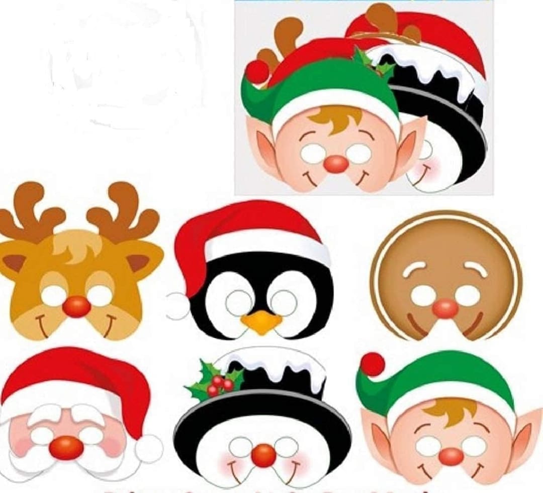 Pack of 12 Christmas Design Cardboard Masks . Santa, Elf, Reindeer ...