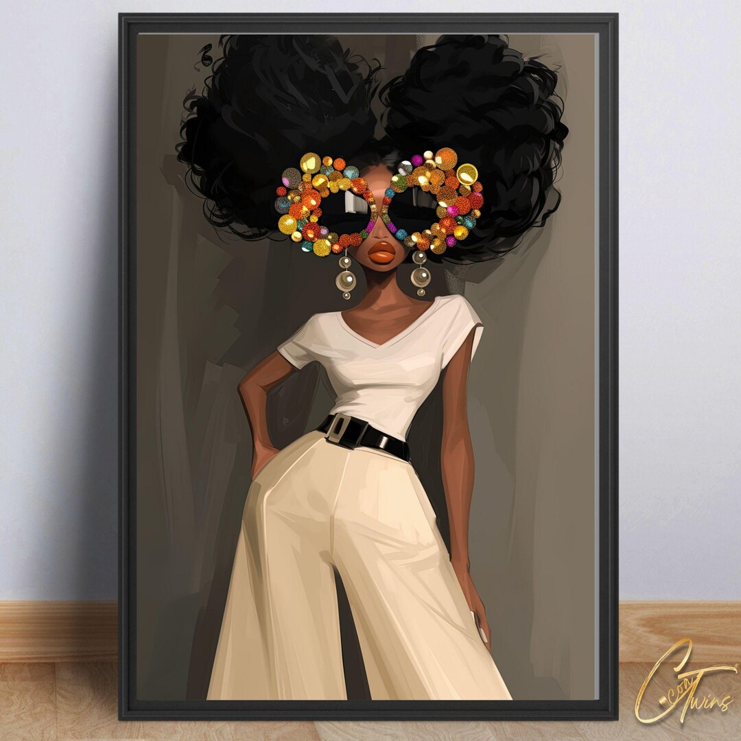 Black Woman Afro Statement Portrait Print | Bold Retro Glam Wall Art ...