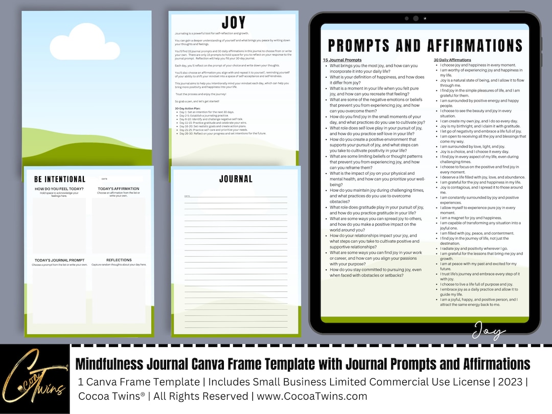 Joy Mindset Journal Canva Frame Template Digital Download for ...