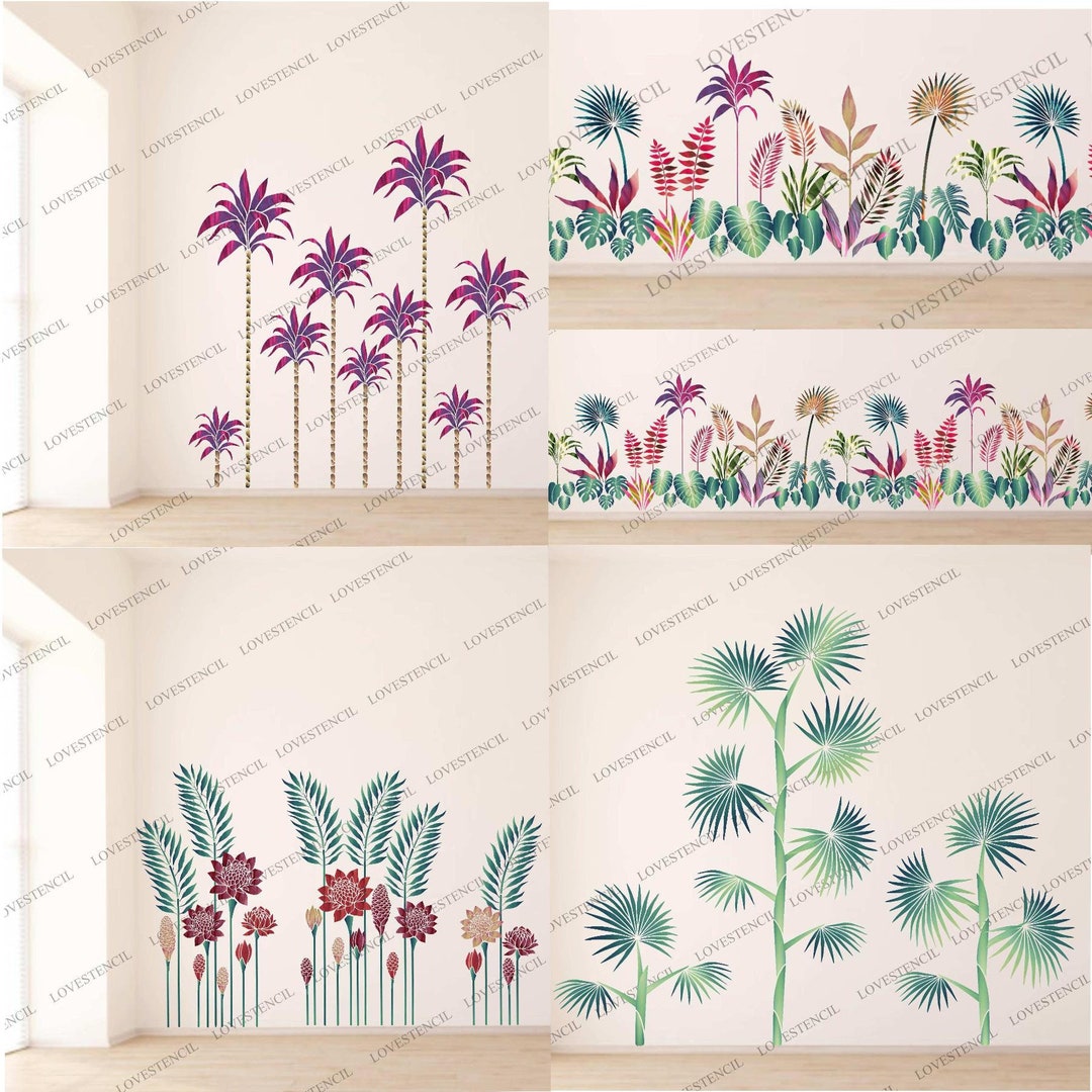 Tropical Wall Mural Stencils - Lovestencil - Fan Palm, Hawaiian Ti ...