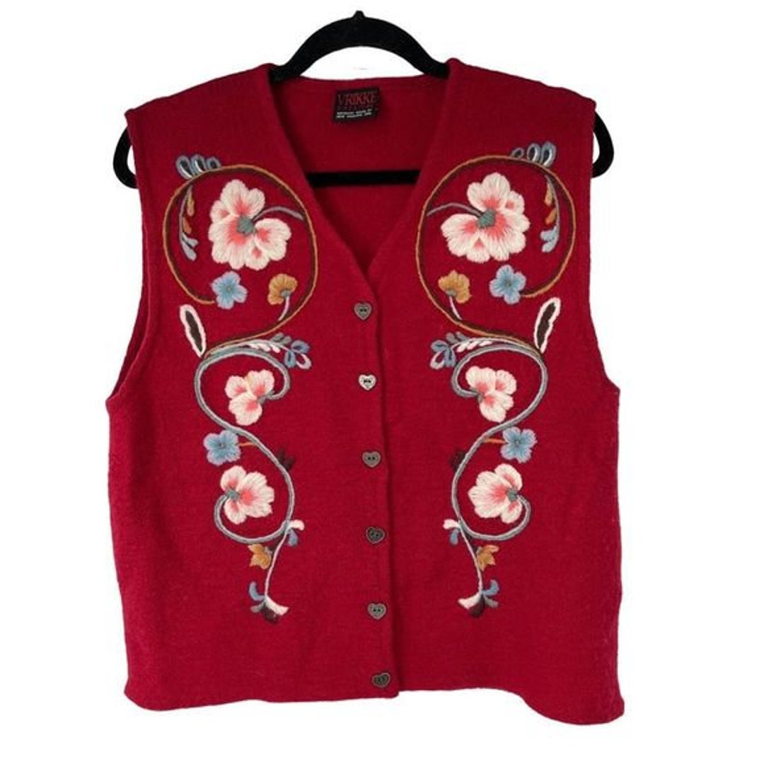 Vintage Vrikke Sweaters Red Floral Embroidered 100% Wool Sweater Vest ...