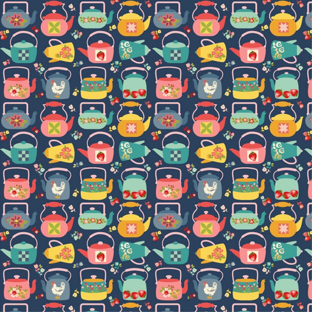 Calico Tea Kettles Navy Blue Quilt Cotton Fabric From Betsy's Sewing ...