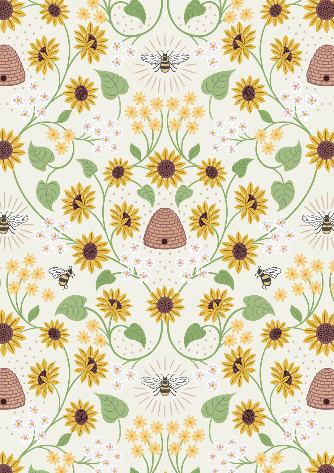 Sunflowers and Bee Hives on Cream Quilting Cotton Fabric From ...