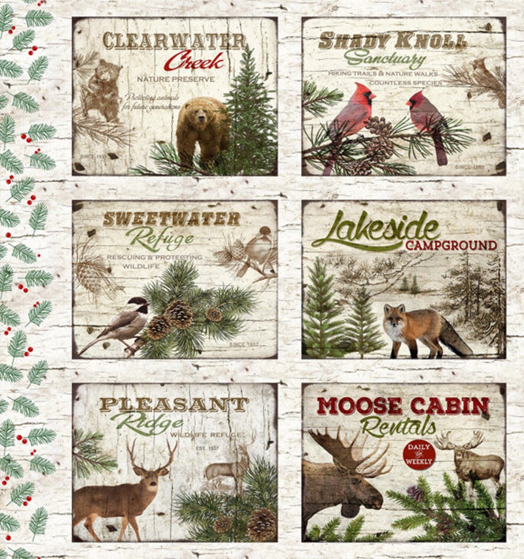 24" Animal Signage Blocks Quilt Cotton Fabric Panel From Moose Lodge by ...