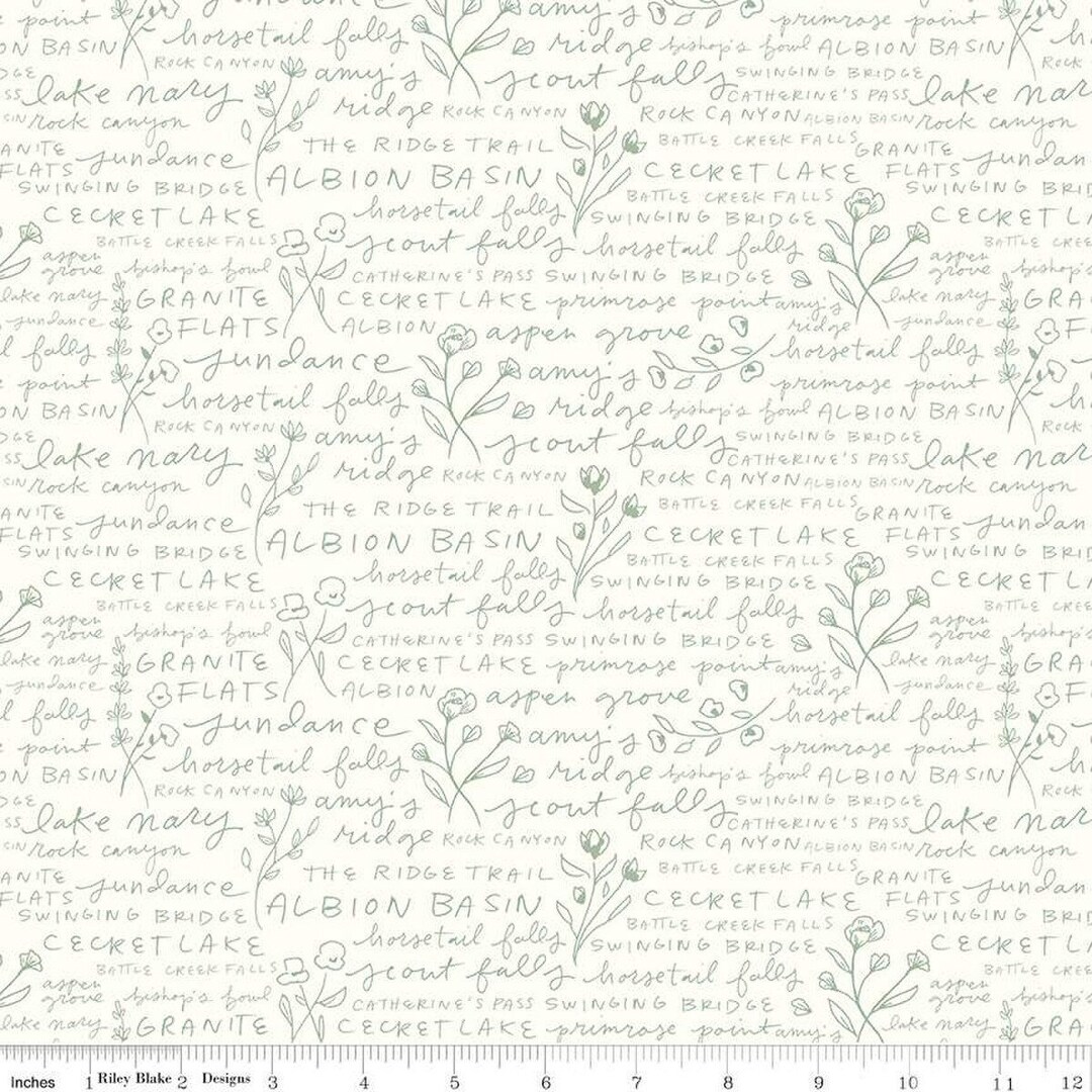 Green Script Floral Words Cream Quilt Cotton Fabric From Albion by Amy ...
