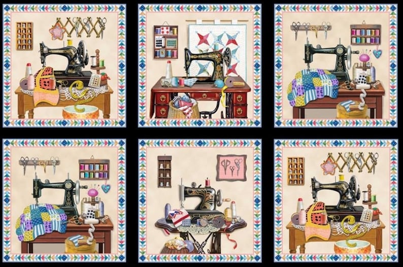 24"x44" A Stitch in Time Cotton Fabric Panel With 6 Vintage Sewing ...