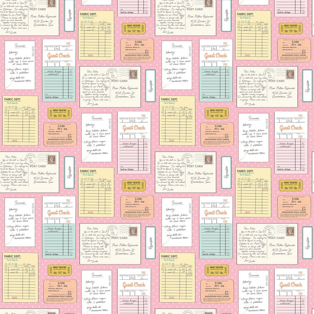 Pink Lunch Date Receipts Quilt Cotton Fabric - Delightful Department ...