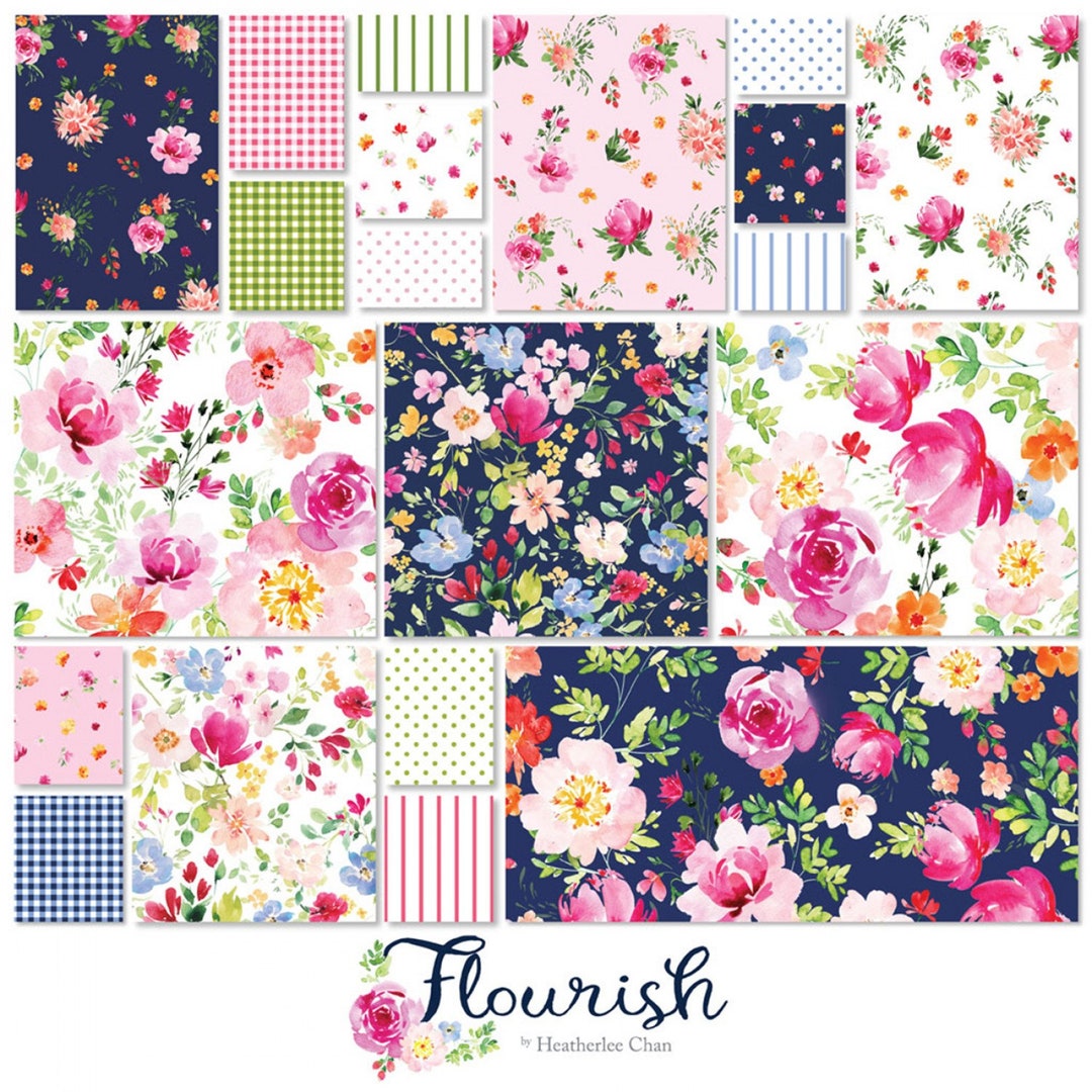 Flourish 5" Squares Navy & Pink Quilt Cotton Floral Charm Pack by Heatherlee Chan for Clothworks ...