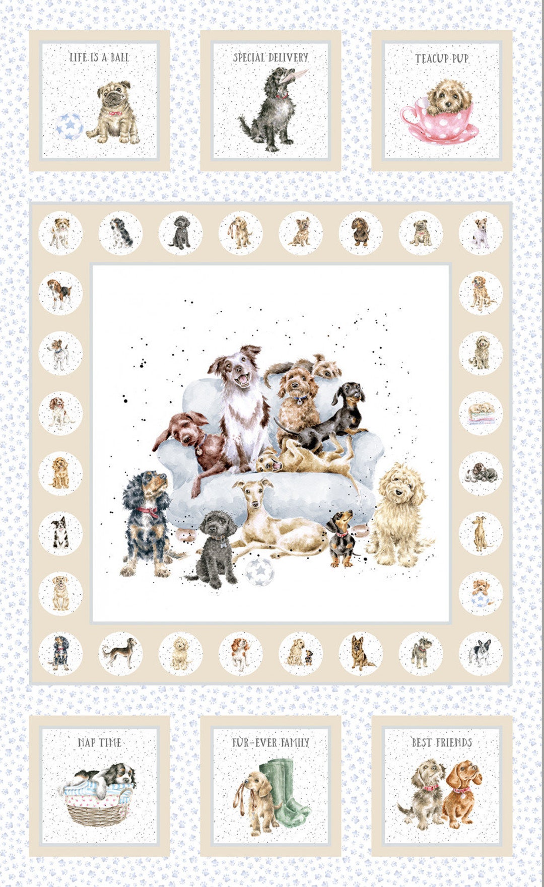 Whiskers & Paws Dogs Cream Quilt Cotton Fabric Panel by Hannah Dale ...
