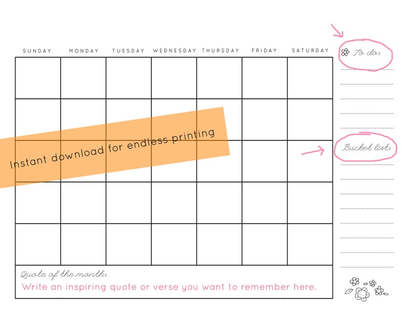 Blank Calendar Page Instant Download - Printable Calendar Page - Etsy