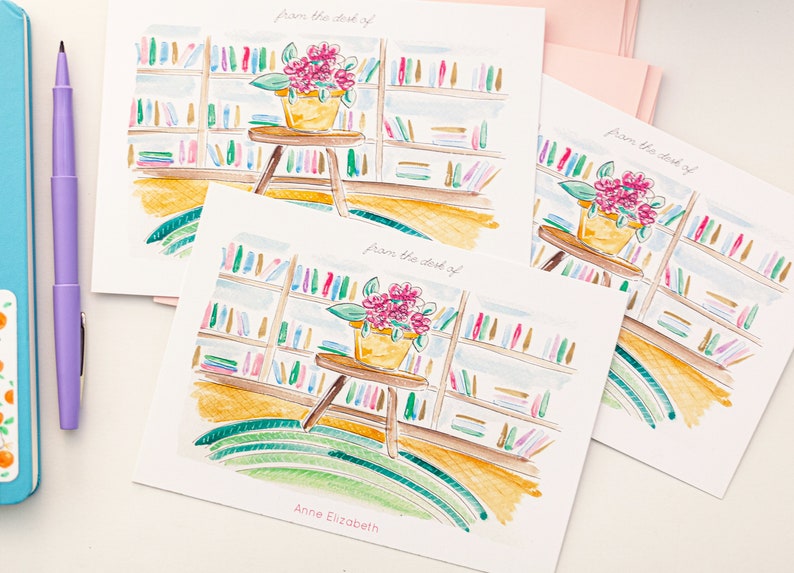 Personalized Stationery Set - Flowers in Library - Custom Note Cards - Etsy