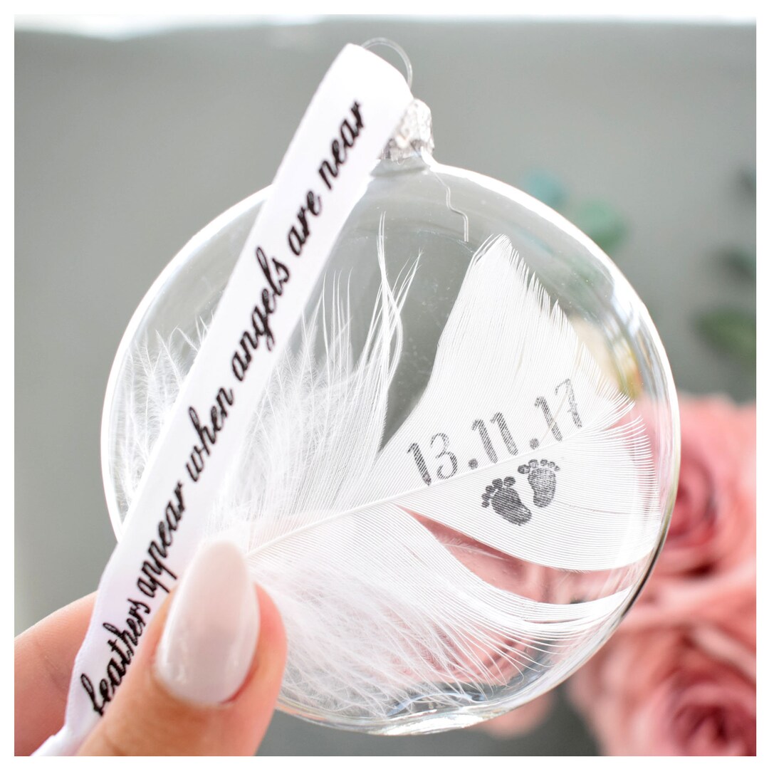 Real Personalised White Feather Memorial Bauble. Name / Date Stamped ...