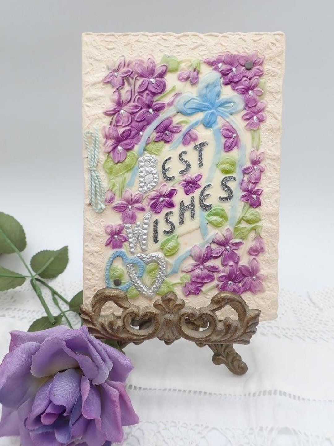 Antique Christmas Card, Celluloid Xmas Card, Best Wishes Christmas Card ...