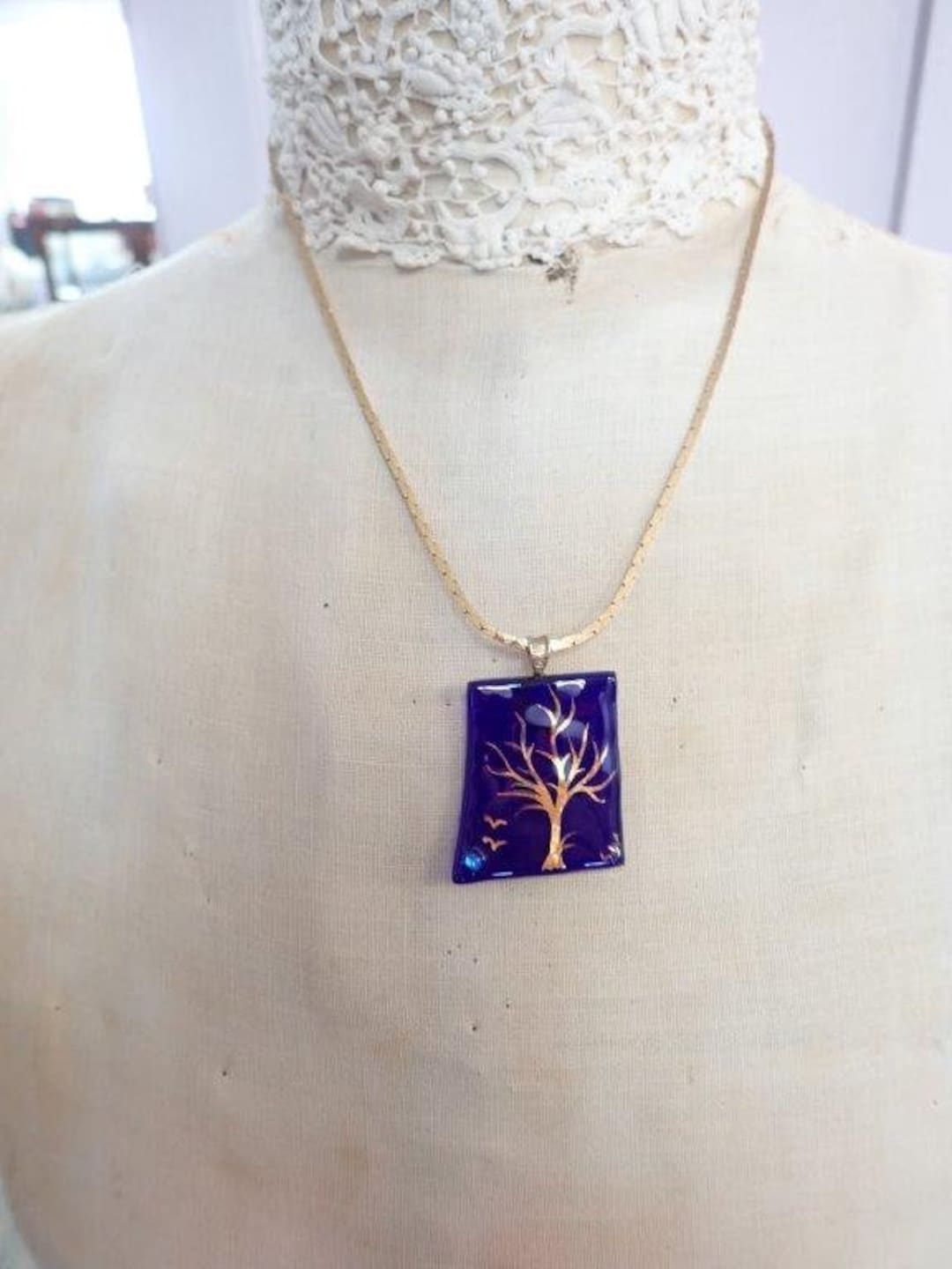 Blue Glass Tree of Life Pendant Gold Tone Chain, Glass Pendants, Blue ...