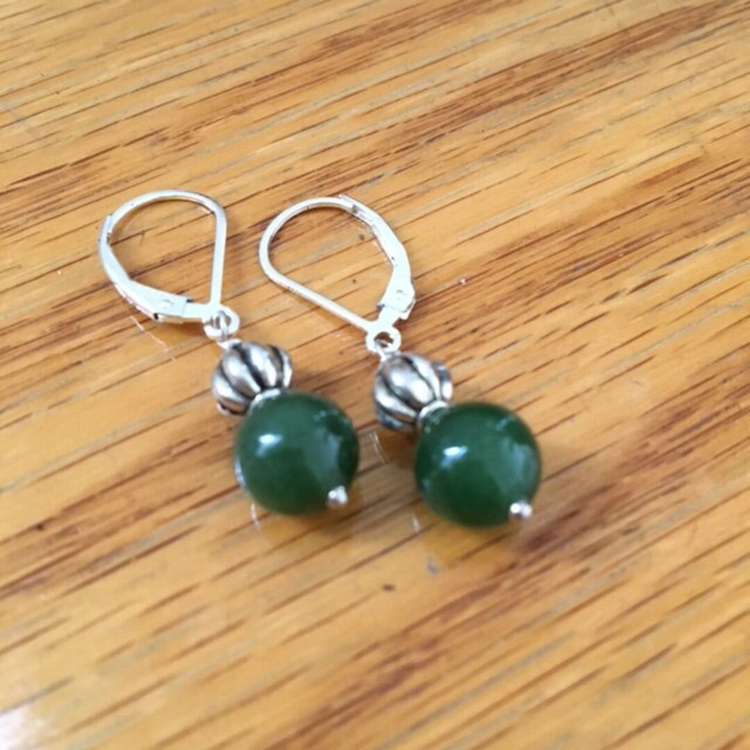 Jade and Fluted 925 Sterling Silver Beaded Drop Earrings With Lever ...