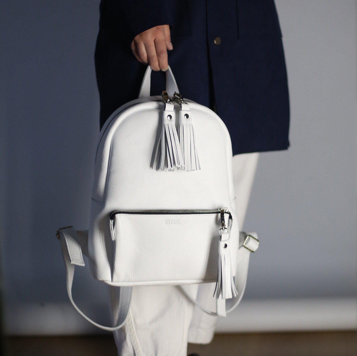 White Leather Backpack, Backpack for Stewardesses, White Backpack ...