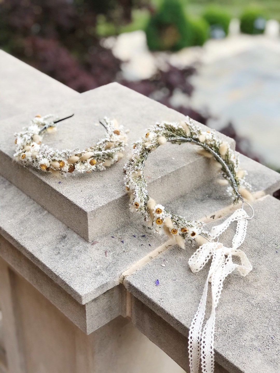 Boho Wedding Head Wreath, Dried Wild Flowers, Neutral Cream Floral Halo ...