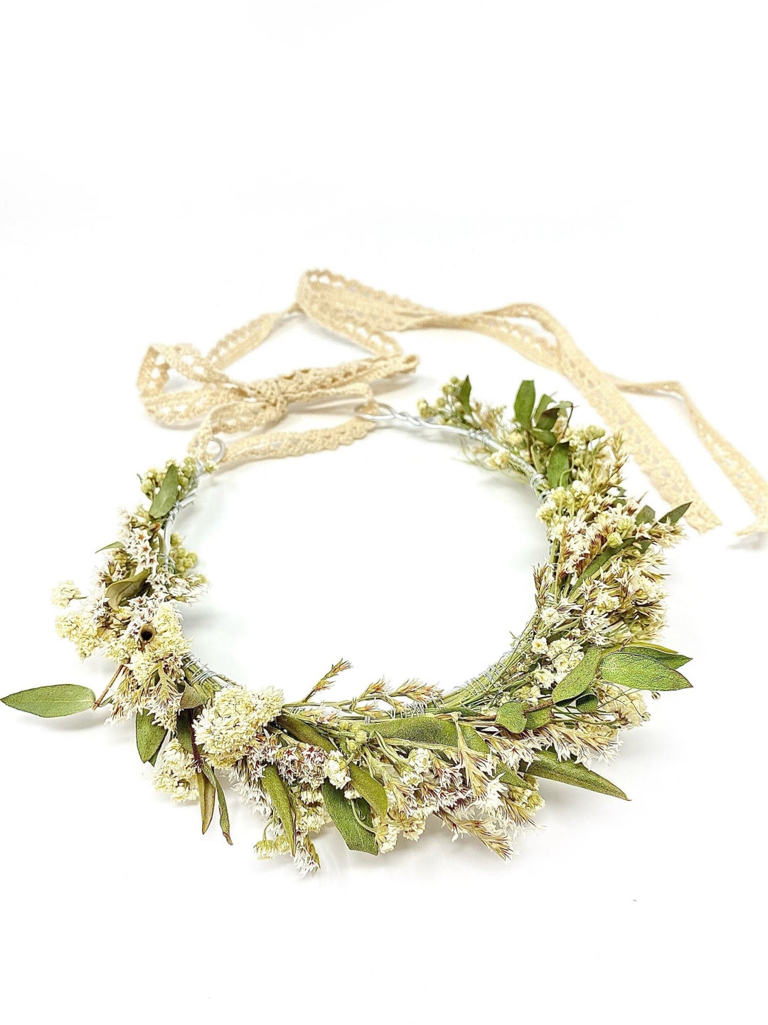 Dried Flower Wedding Head Wreath, German Statice, Greenery Crown - Etsy
