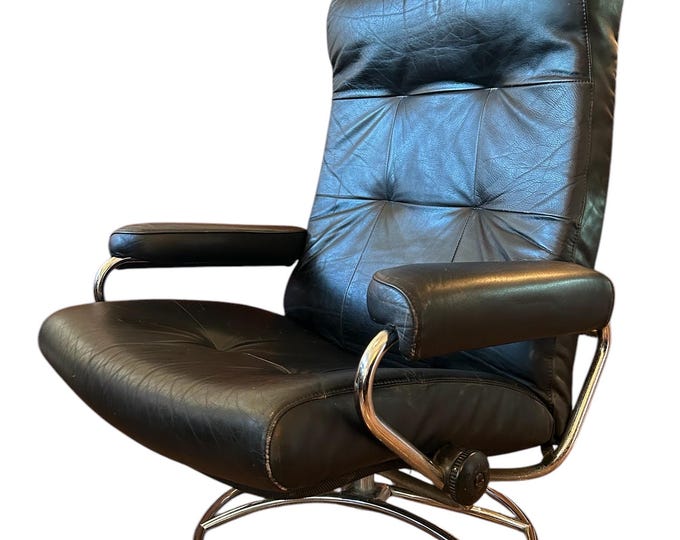 Reserved JB Mid Century Modern Ekornes Stressless Black Leather Chrome Swivel Recliner Lounge ...