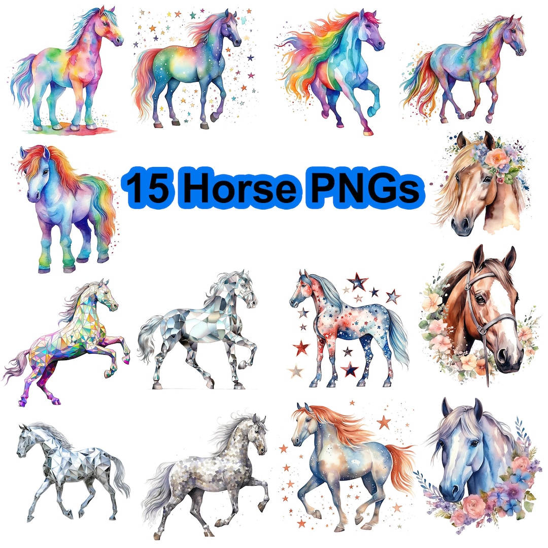 15 Rainbow Horse Clip Art PNG Bundle, Rainbow Watercolor Horse PNG ...