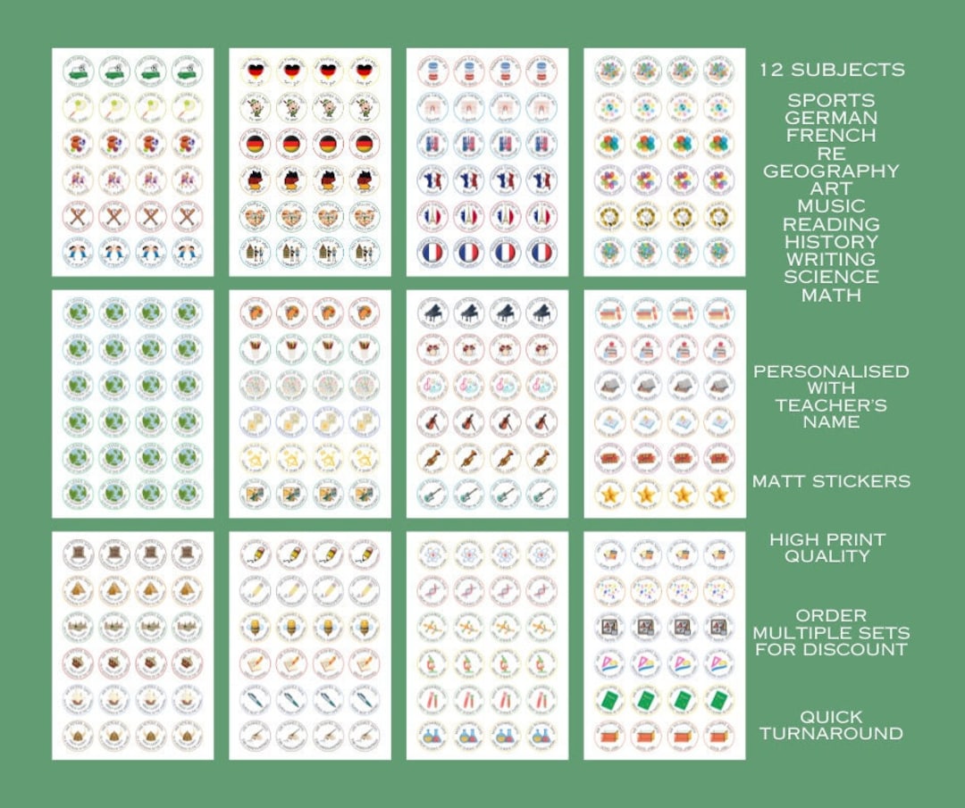 Set of 12 Subject Sticker Sheets, School, Well Done , Personalised ...