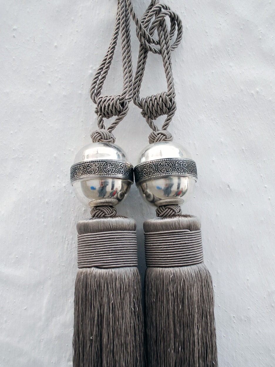 Pair of Small Moroccan Boukala Tassel Tie-backs With Hand Engraved Oval ...