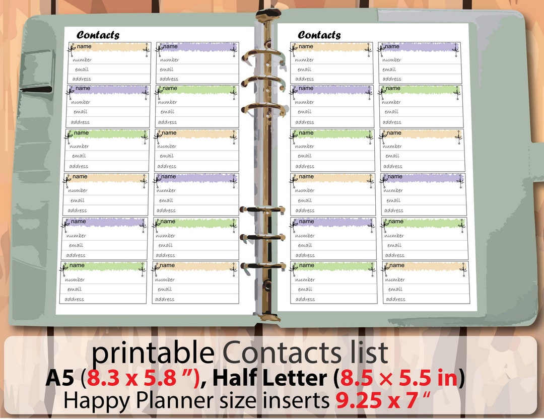 Address Book Printable: Contact List Inserts (A5, Half Letter, Happy ...