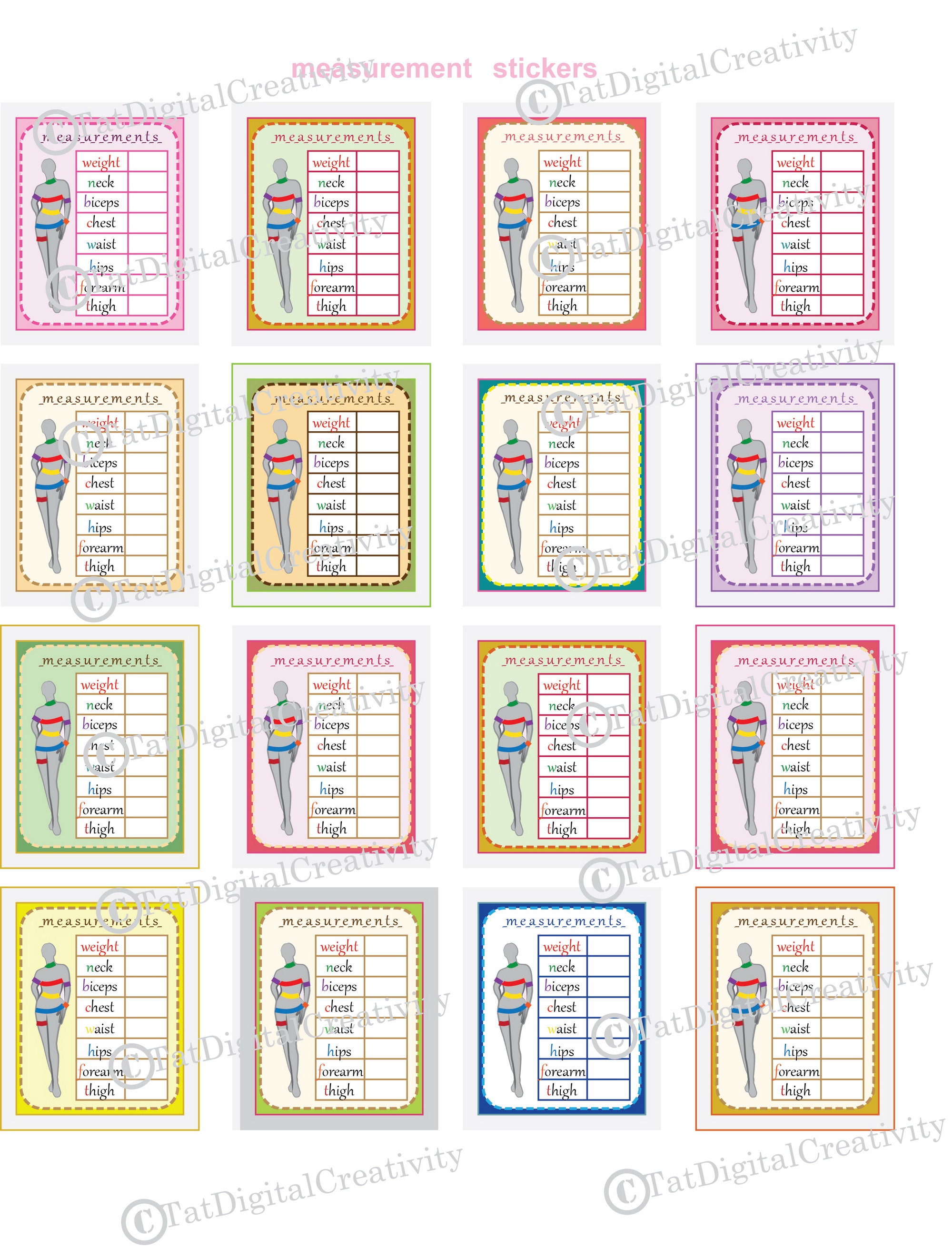 Printable Stickers, Fitness Journal Stickers Printable, Measurements ...