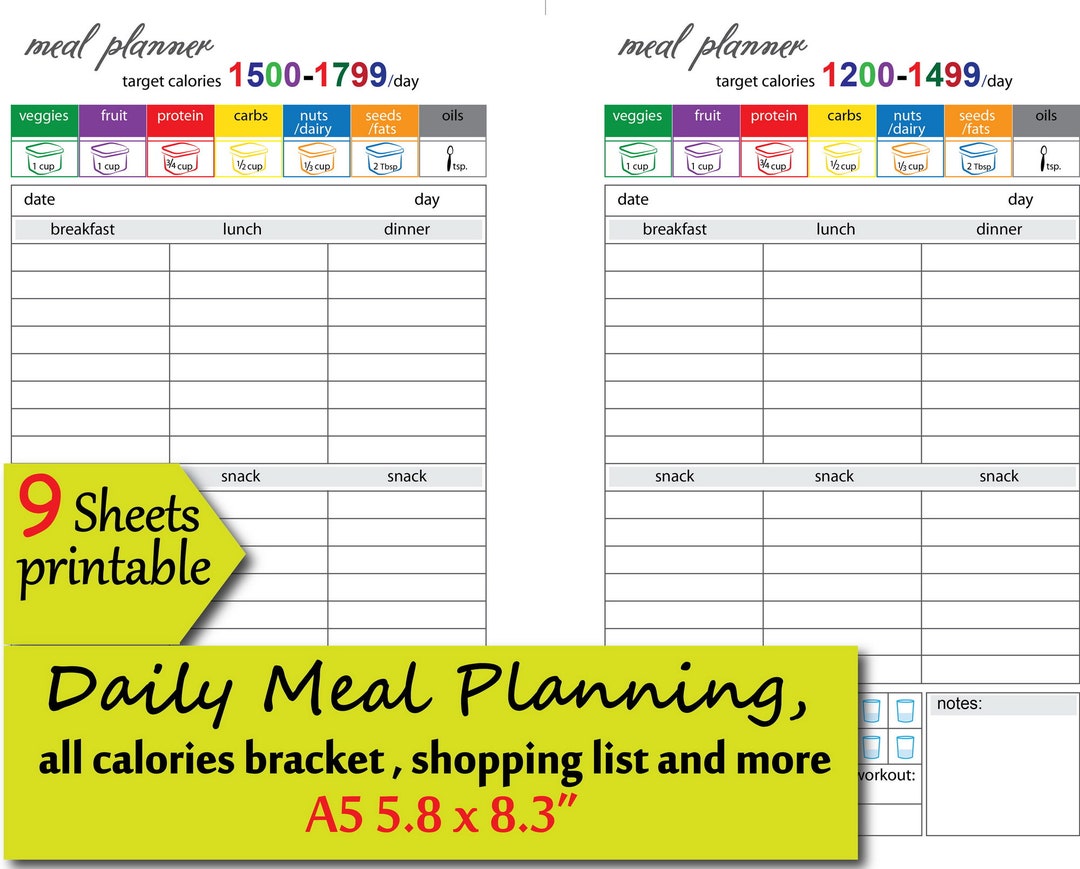 Food Tracker for Diet 1200,1500,1800,2100,2300 Calories Bracket ...
