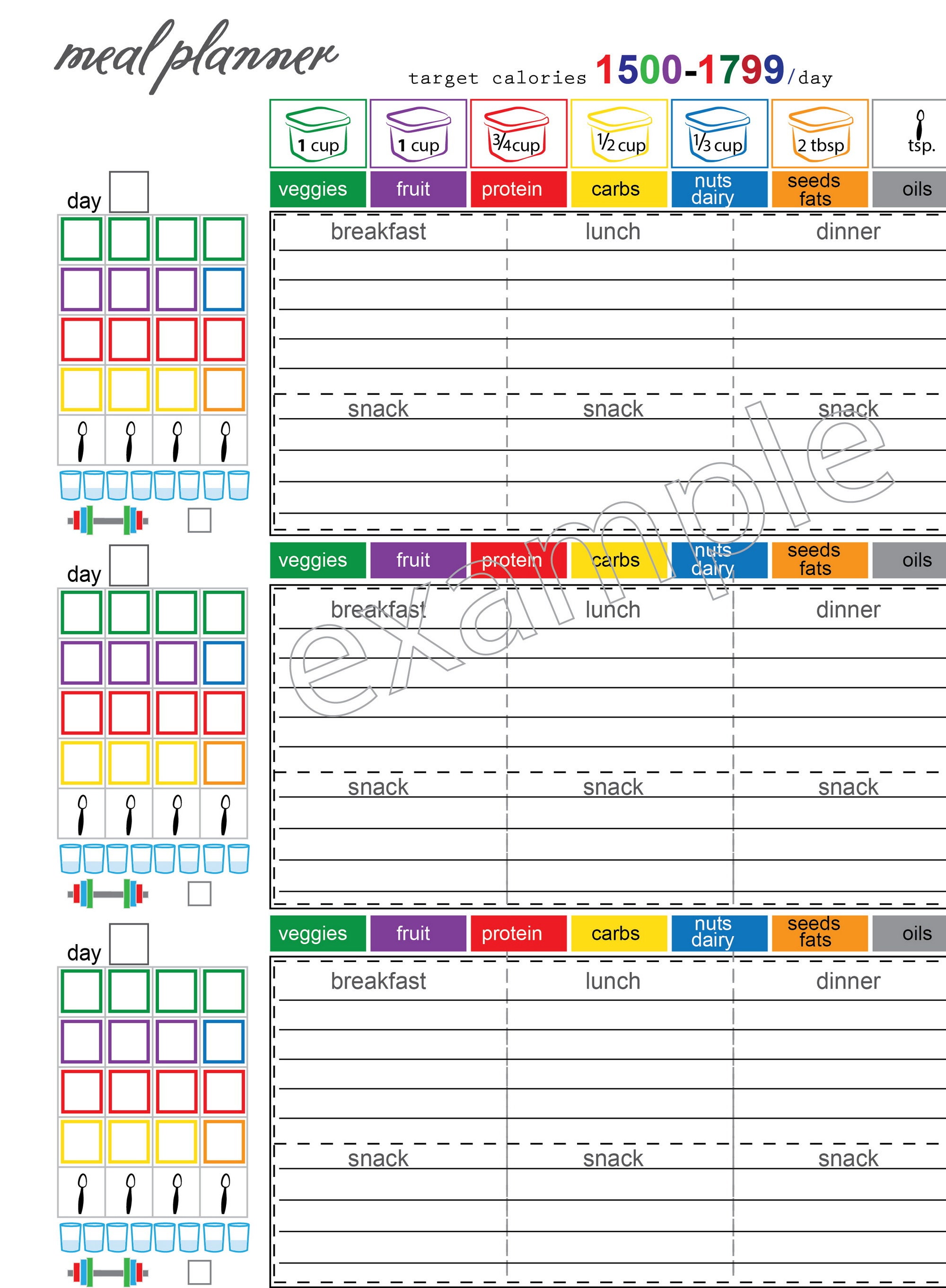Printable Daily Meal Planner 1200,1500,1800,2100,2300,2500 Calories ...