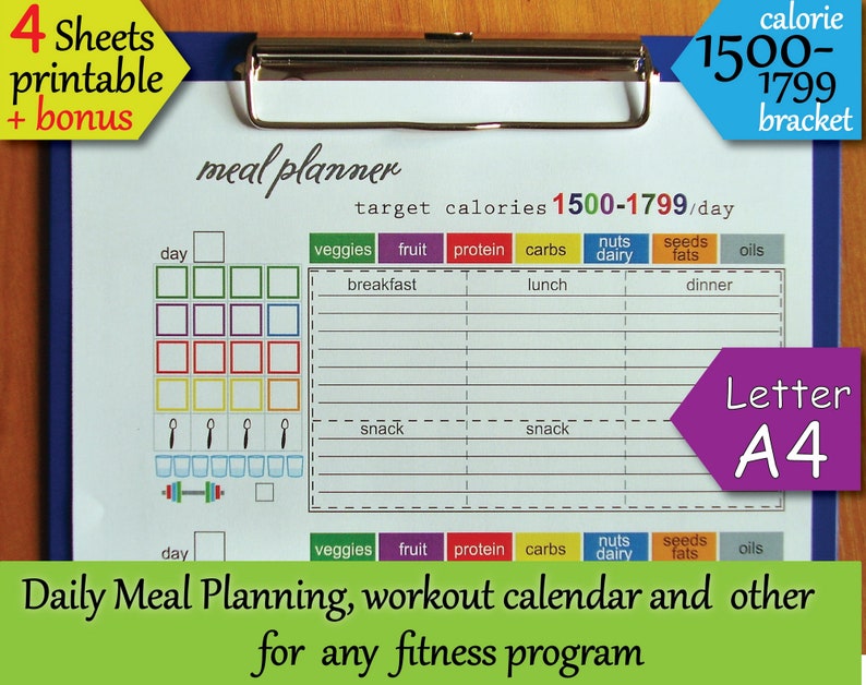 1500 Calorie Meal Plan Printable, Tracking Sheet 1500 Calorie Bracket ...