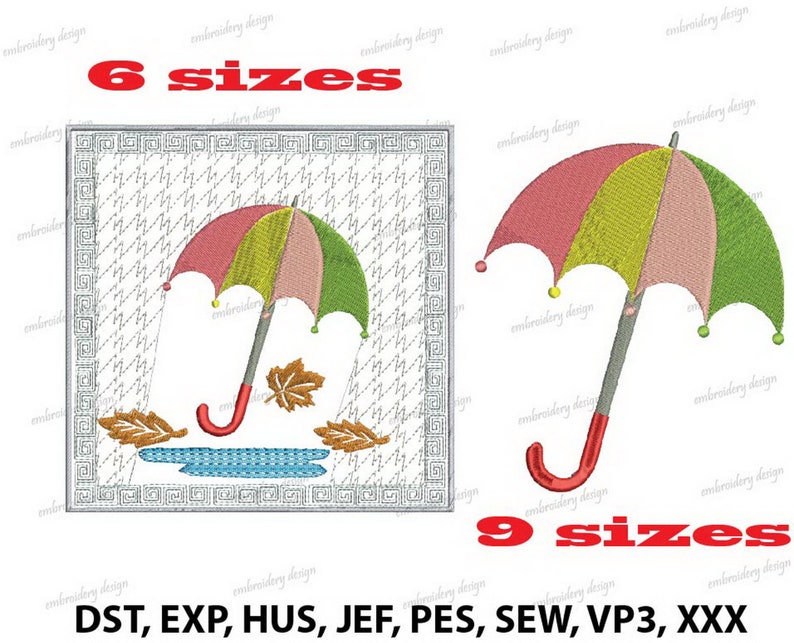 Umbrella Machine Embroidery Design, Rain Embroidery Pattern, Leaves ...