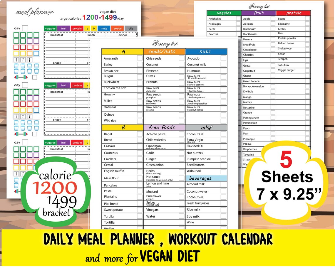 Vegan Meal Planner: 1200 Calorie Tracker, Workout Calendar (PDF) - Etsy