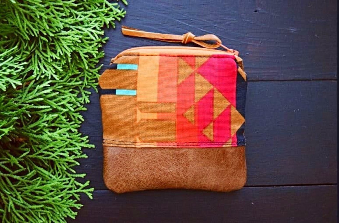 Tribal Canvas Pouch, Bright Aztec Bag, Genuine Leather Pouch, Geometric ...