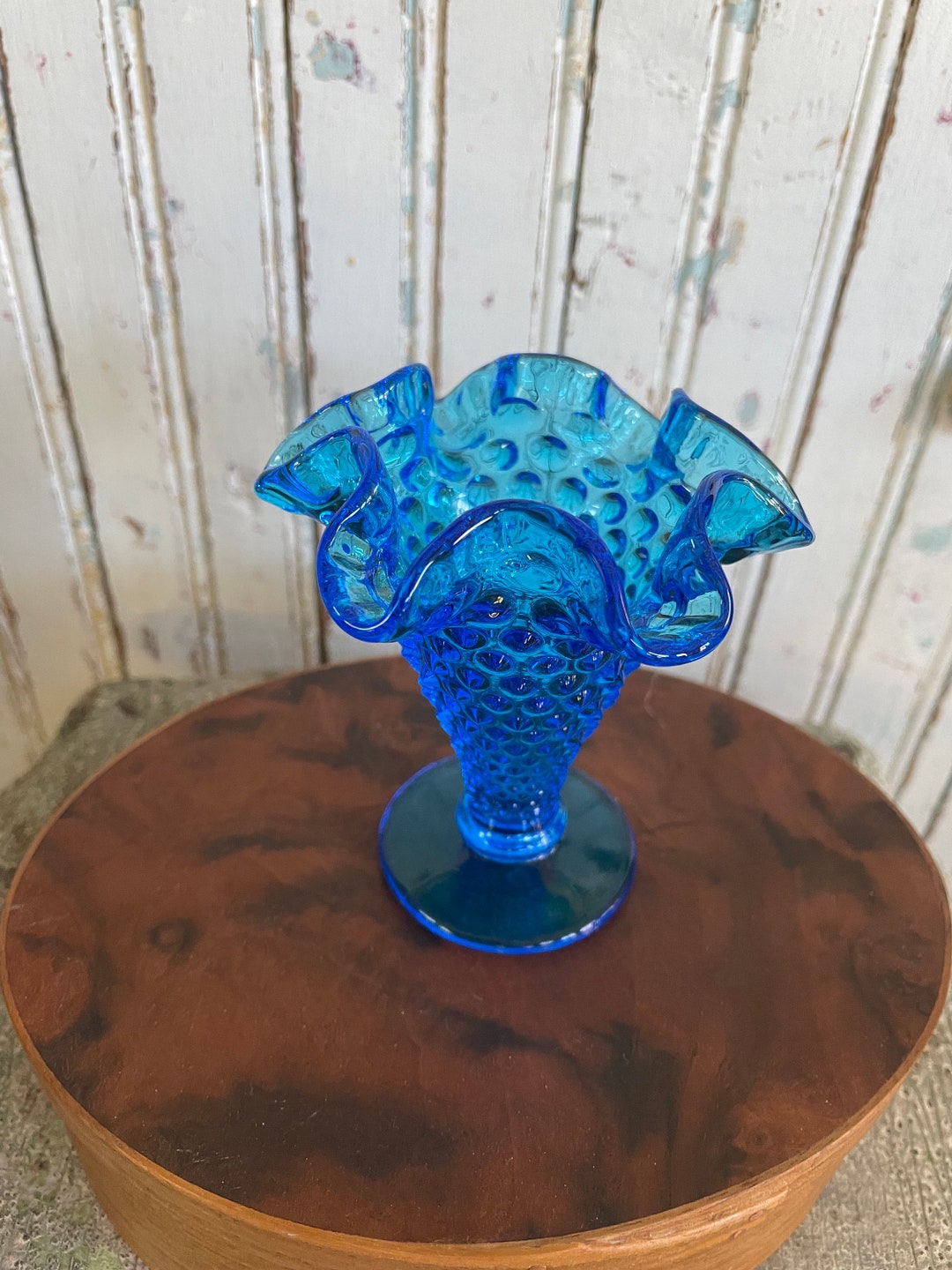 Beautiful Vintage Fenton Blue Ruffled Hobnail Glass Vase - Etsy