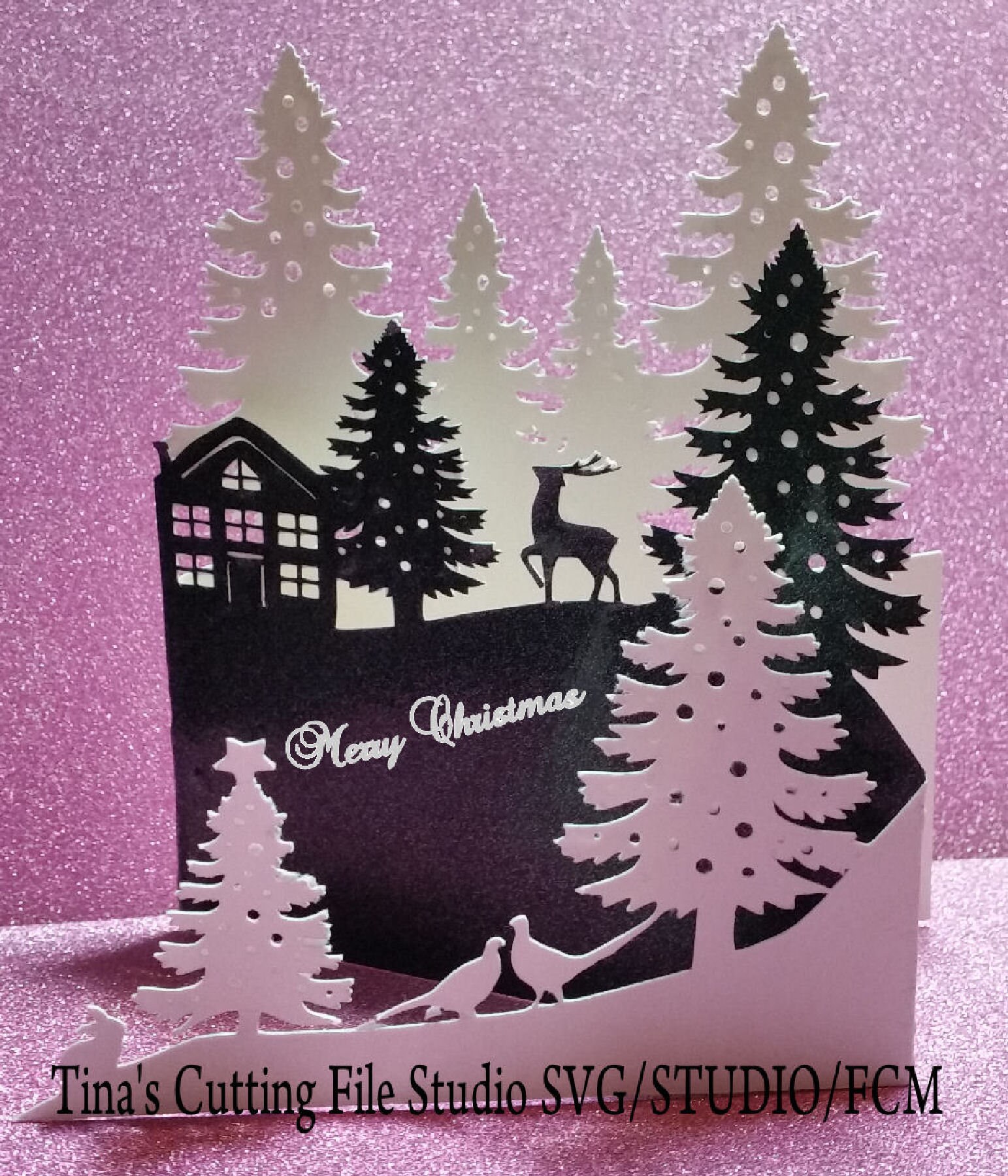 Christmas Fir Trees ,reindeer Country Scene Tri Fold Card Digital ...
