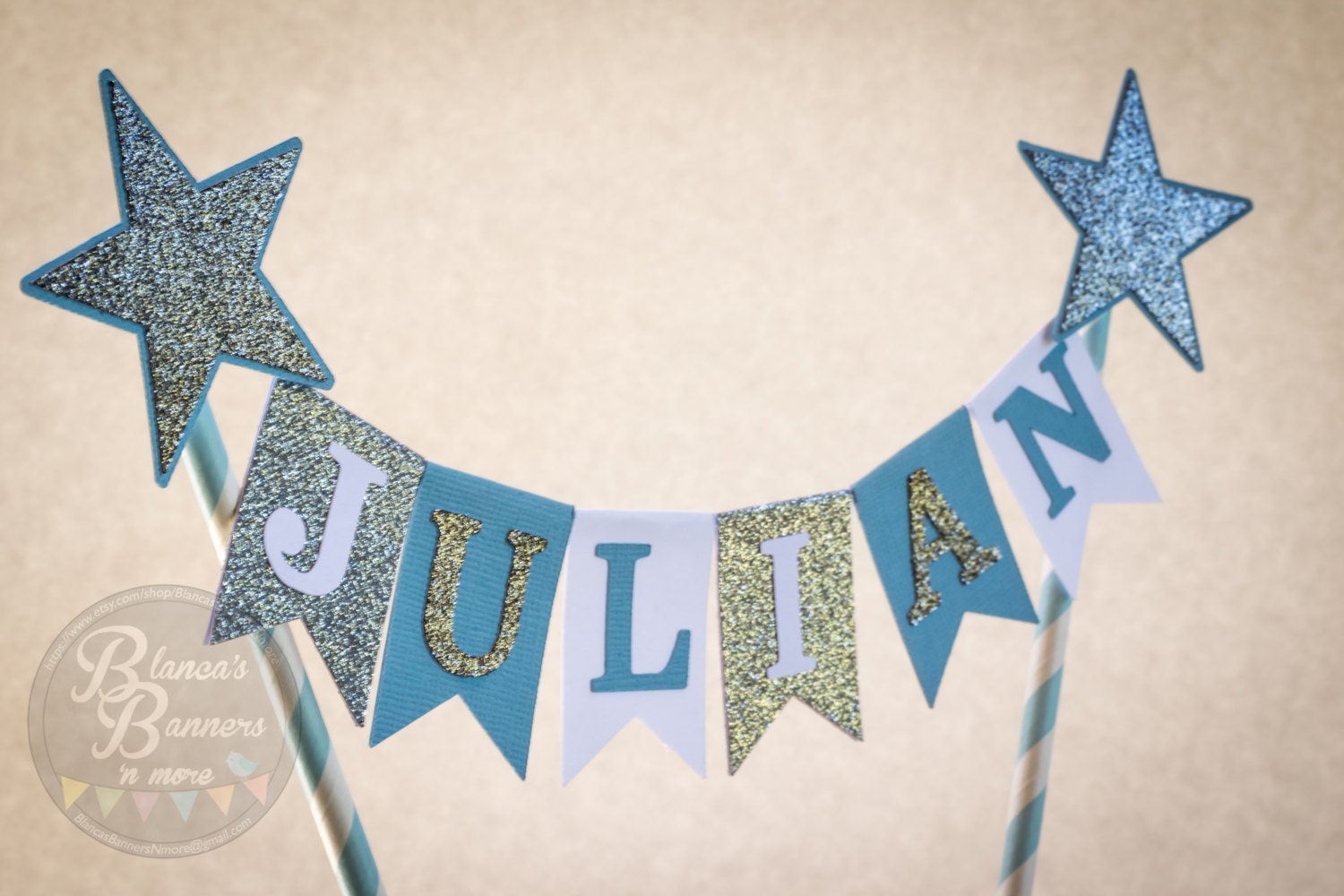 Personalized Cake Bunting Banner Topper White Silver Glitter | Etsy