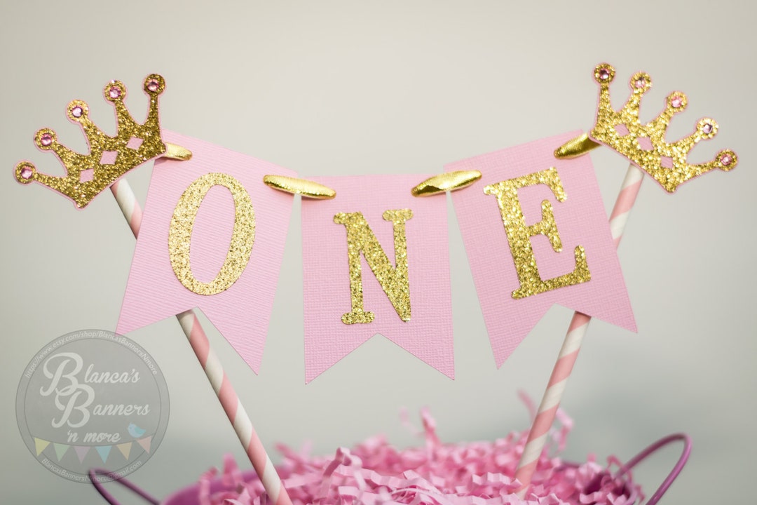 One Baby Girl Birthday Cake Topper, Glitter Gold Crown, Colored ...
