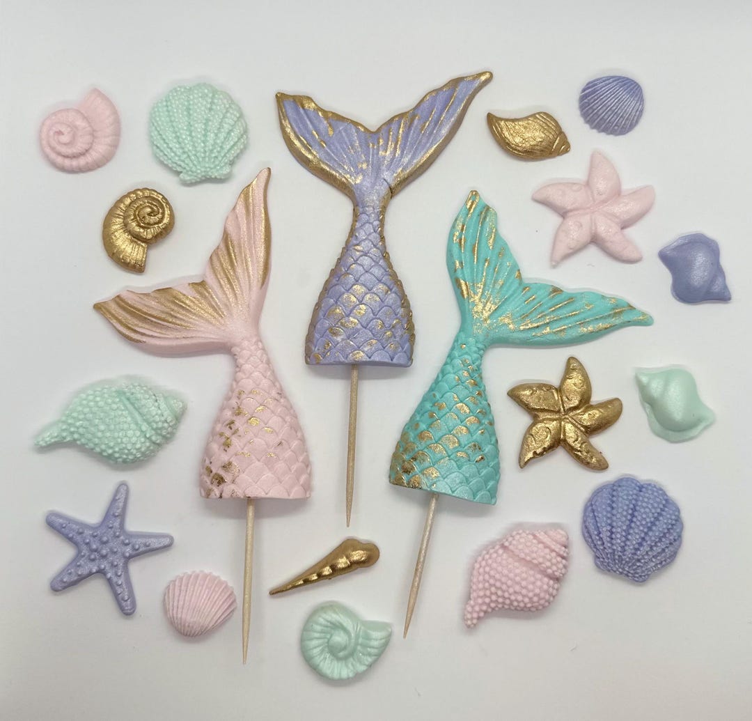 Gold Accented Fondant Mermaid Decor for Cake and Cupcakes (large ...