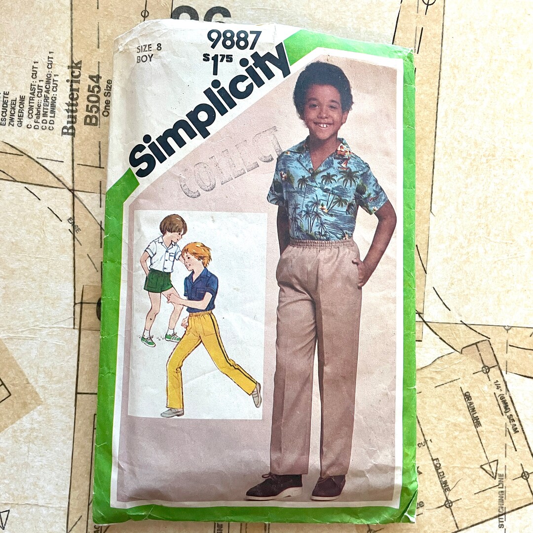 Simplicity 9887 80s Boys Outfit Pattern Button up Dress Shirt Pockets Pants or Shorts Elastic ...