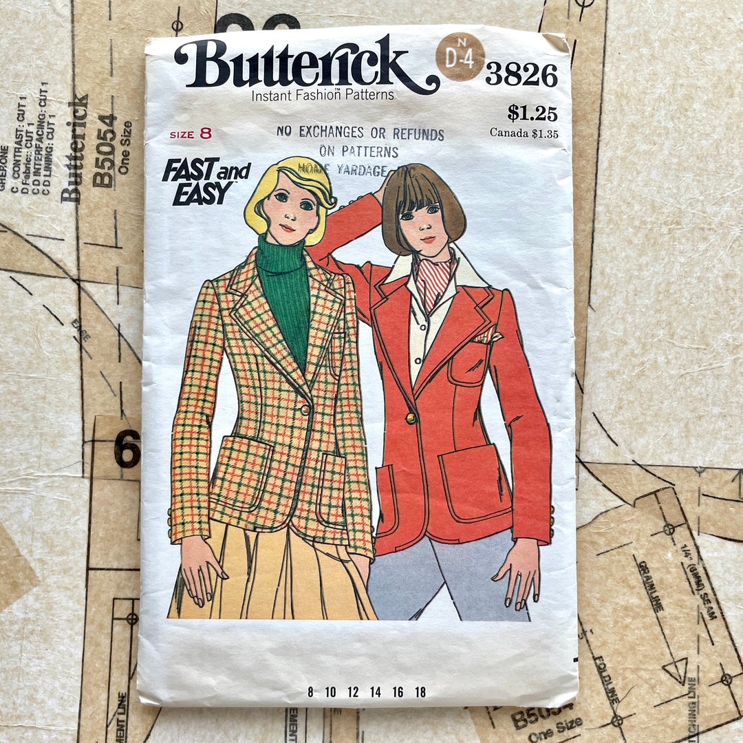 Butterick 3826 70s Blazer Pattern Unlined Jacket Pattern Patch Pockets ...